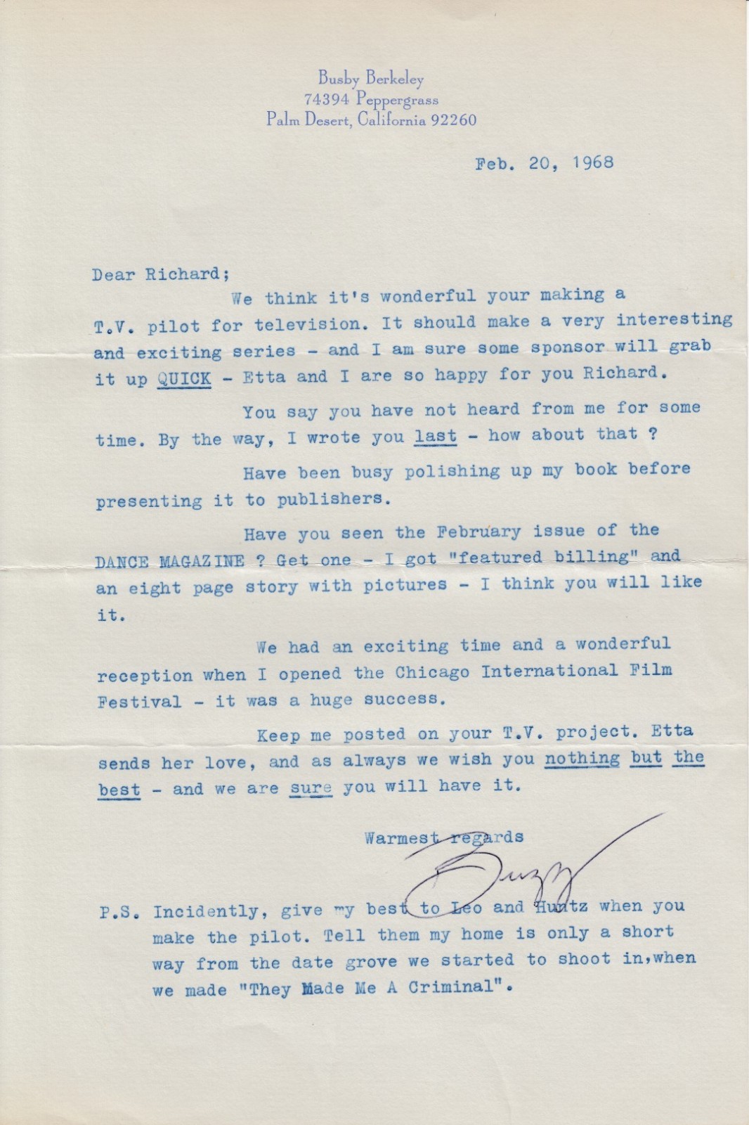 BUSBY BERKELEY Vintage Original RICHARD LAMPARSKI Autograph LETTER 1968 ...