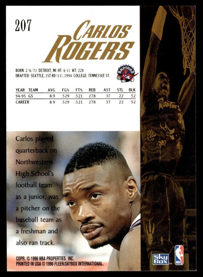 1995-96 SkyBox Premium Carlos Rogers Toronto Raptors #207 | eBay