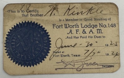 Original 1926 Fort Worth Masonic Lodge #148 Freemasonry Member Card | eBay