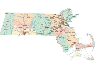 MASSACHUSETTS ROAD MAP GLOSSY POSTER PICTURE BANNER state city county ...