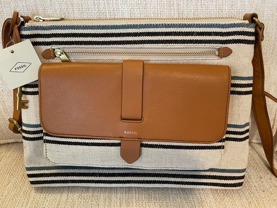 FOSSIL Kinley Large Crossbody Handbag Top Zipper Large Striped with Key ...