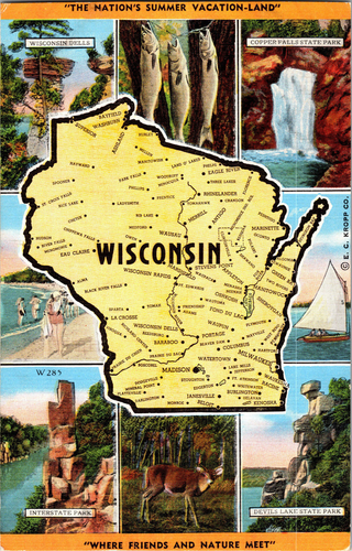 Wisconsin The Land of Lakes Landmarks And Map Greetings, Vintage ...