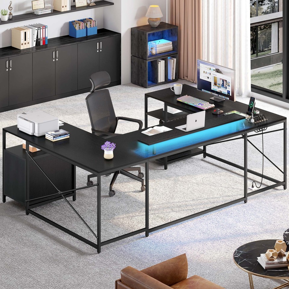 79" LED U-Shaped Gaming Desk W/ Power Outlets L Shaped Desk Corner ...