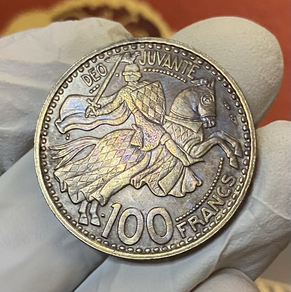 1950 Monaco 100 Francs Toned Silver Coin Rainier III Prince de Monaco ...