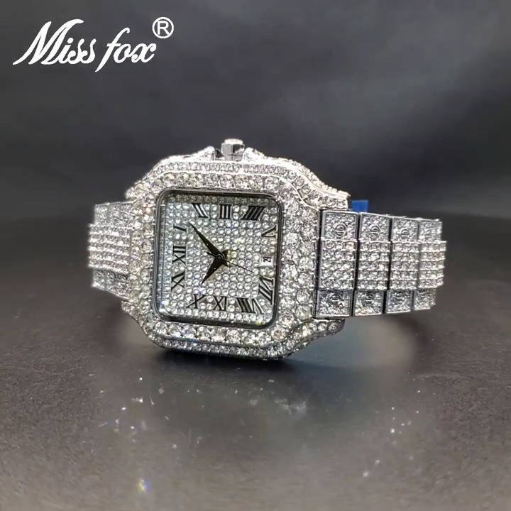 MISSFOX Mens Fully Ice Out Silver Diamond Watch Hip Hop Luxury Analog ...