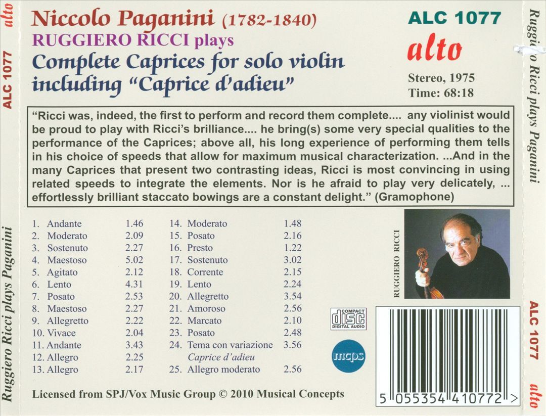 RUGGIERO RICCI PAGANINI: COMPLETE CAPRICES FOR SOLO VIOLIN NEW CD ...