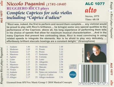 RUGGIERO RICCI PAGANINI: COMPLETE CAPRICES FOR SOLO VIOLIN NEW CD ...