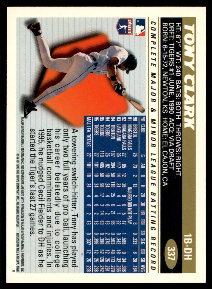 1996 Topps Tony Clark Baseball Card Detroit Tigers #337 | eBay