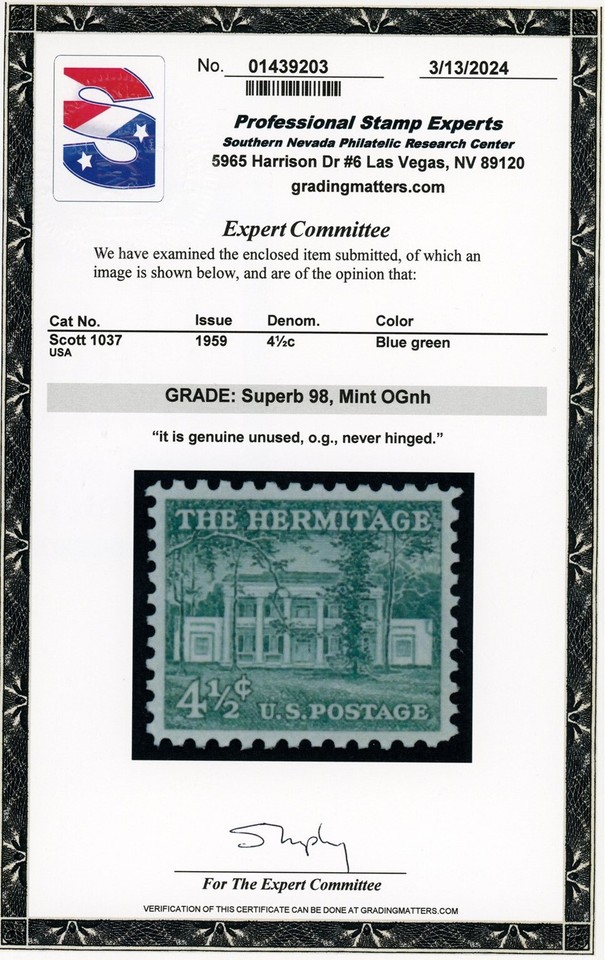 US Stamp #1037 The Hermitage 4-1/2c - PSE Cert - SUPERB 98 - MNH - SMQ ...