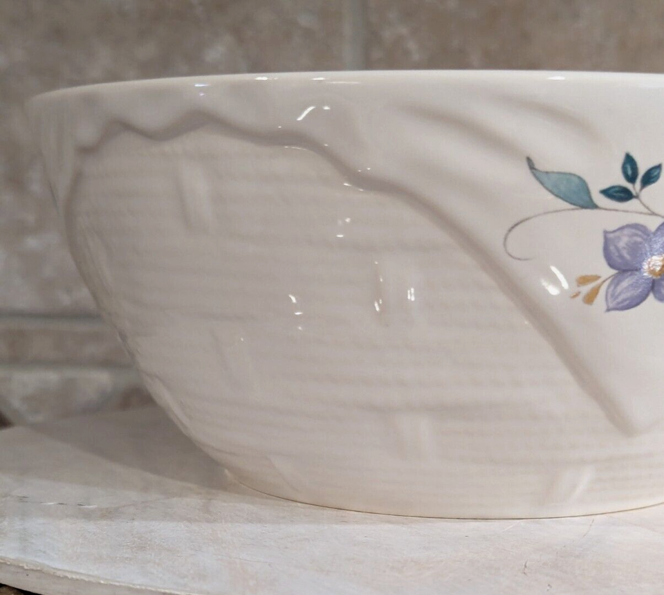 Pfaltzgraff APRIL Round Basket Weave Serving Bowl White w/Teal Lavender ...