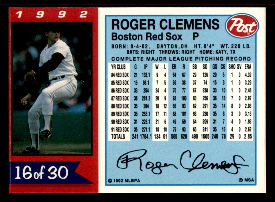 1992 Post Cereal #16 Roger Clemens | eBay