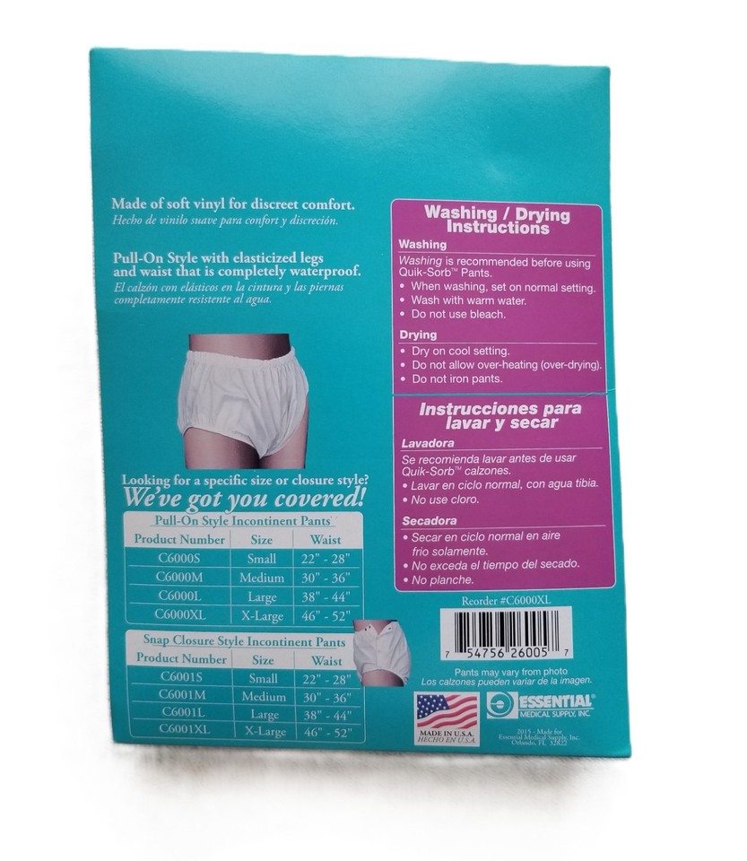 Quik-Sorb Pull-On Reusable Incontinent Pants Extra Large New In Package ...