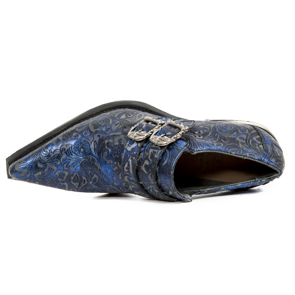 NEW ROCK 7960-S7 Shoe EMBOSSED VINTAGE Blue Leather Buckle Steel Heel ...