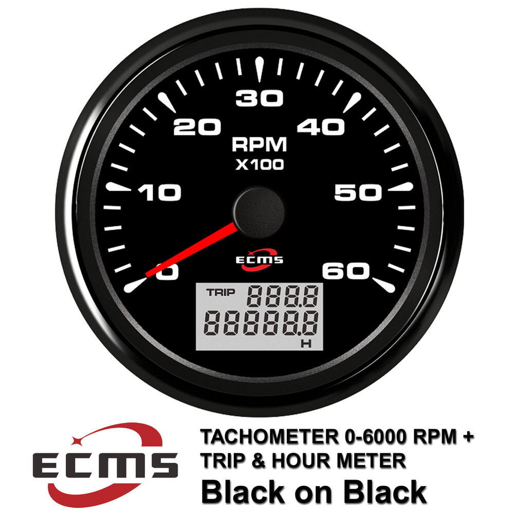 ECMS TACHOMETER 6000 RPM + DIGITAL HOUR & TRIP METER - BLACK on BLACK ...