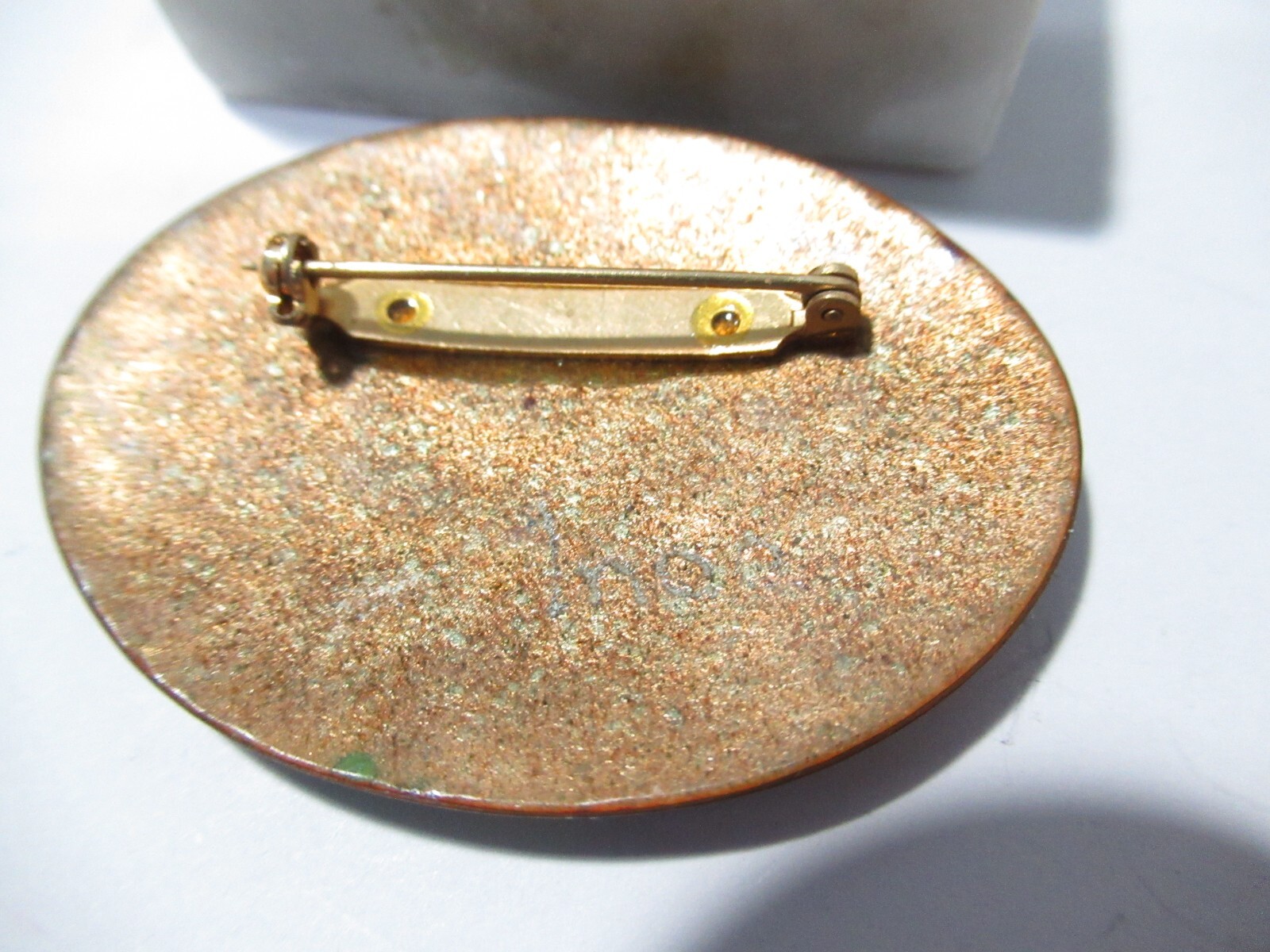 Inga Signed Copper Enamel Green and Blue Brooch Pin - Gem