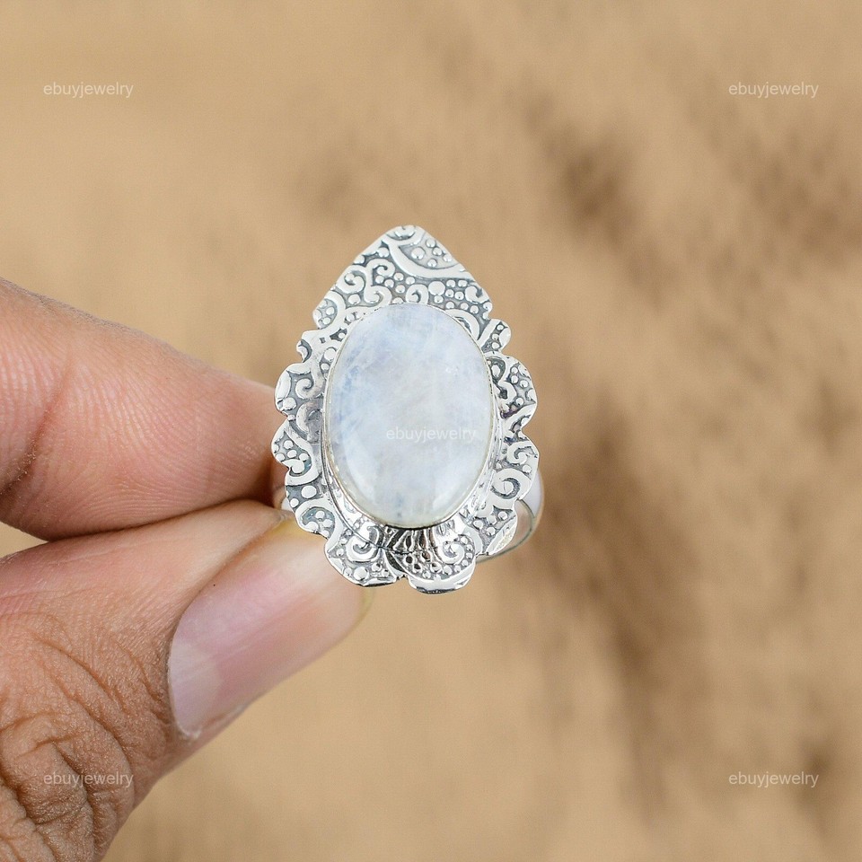 Gift For Her Natural Rainbow Moonstone Multi Stone Adjustable Ring 925 ...