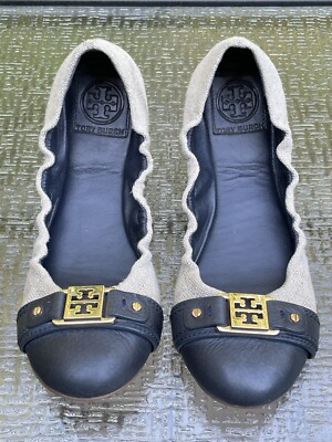 Tory Burch AMBROSE Ballet Flats Tan Canvas Navy Leather Gold Logo Shoes ...