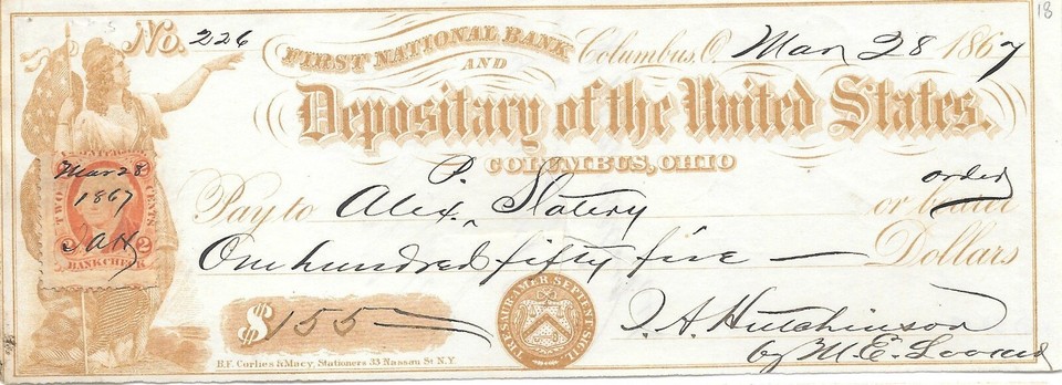 3 Different Revenue Stamped Bank Checks Lot# 30, 1867+ 2 with Vignettes ...