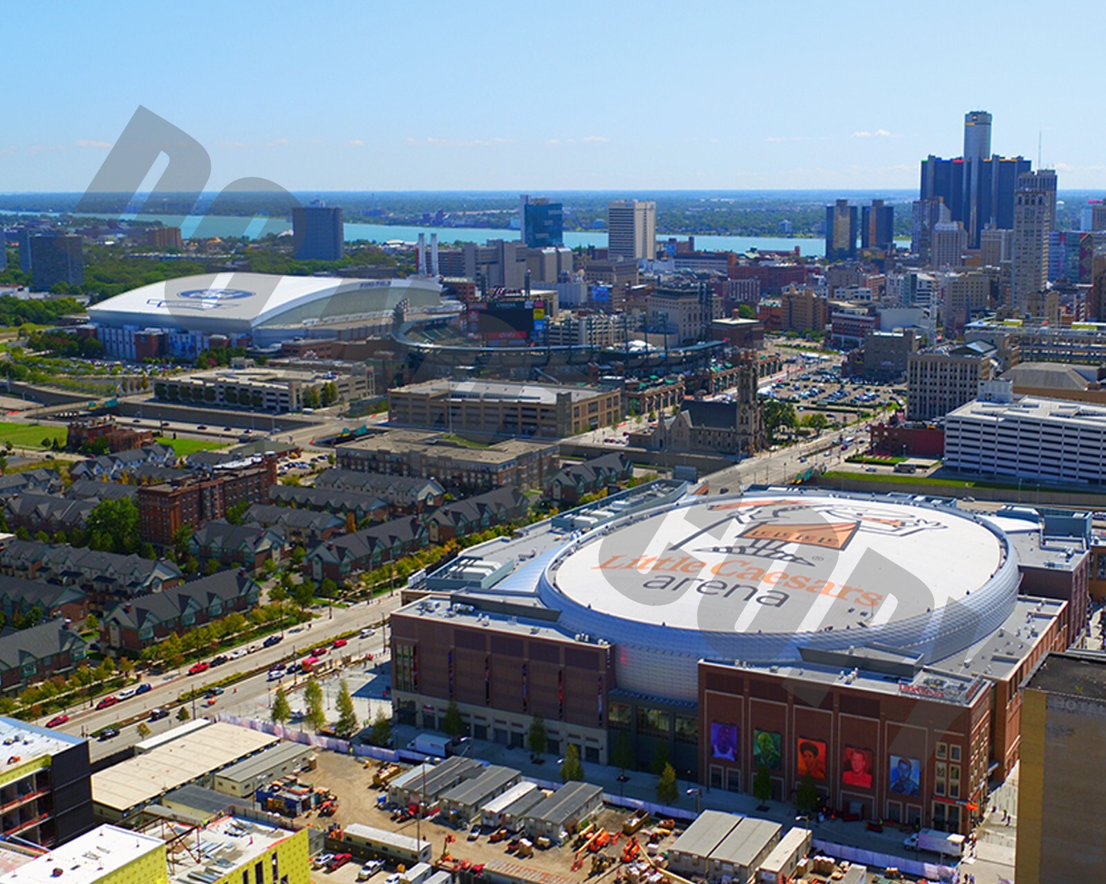 Aerial Downtown Detroit Comerica Park Ford Field Little Caesars Arena ...