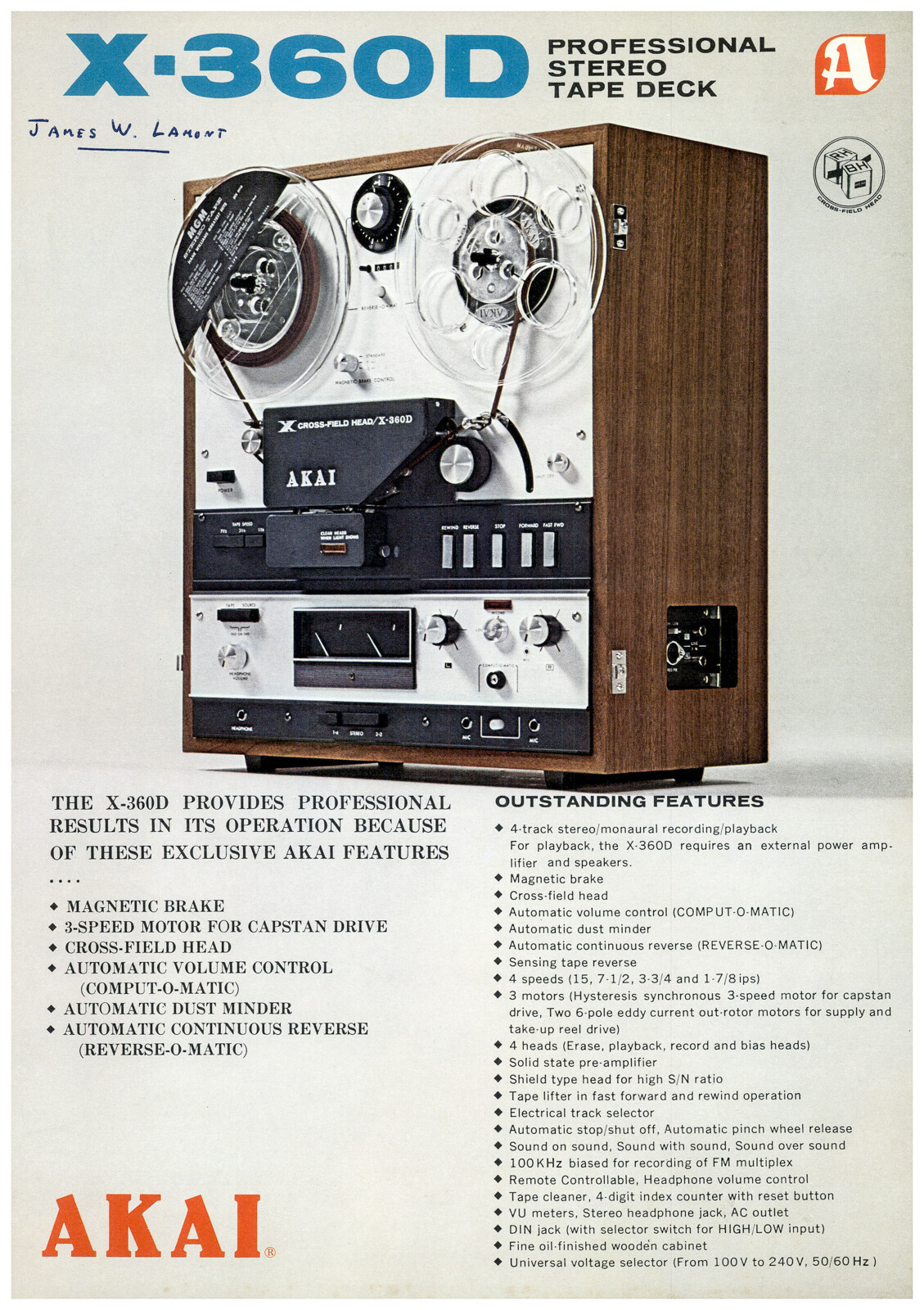 Akai X-360D Reel to Reel Dealer Data / Spec Sheet Brochure *Original ...