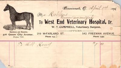 West End Veterinary Hospital Cincinnati OH 1896 Billhead Horse Vignette ...