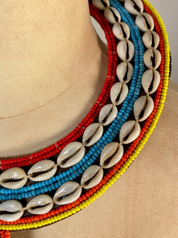 Vintage ca.? Kenyan MAASAI handmade colorful seed bead, shell statement ...