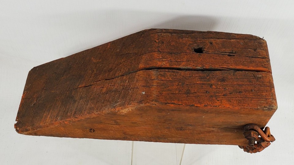orange wooden wheel chock iron chain antique vtg old dry paint car ...