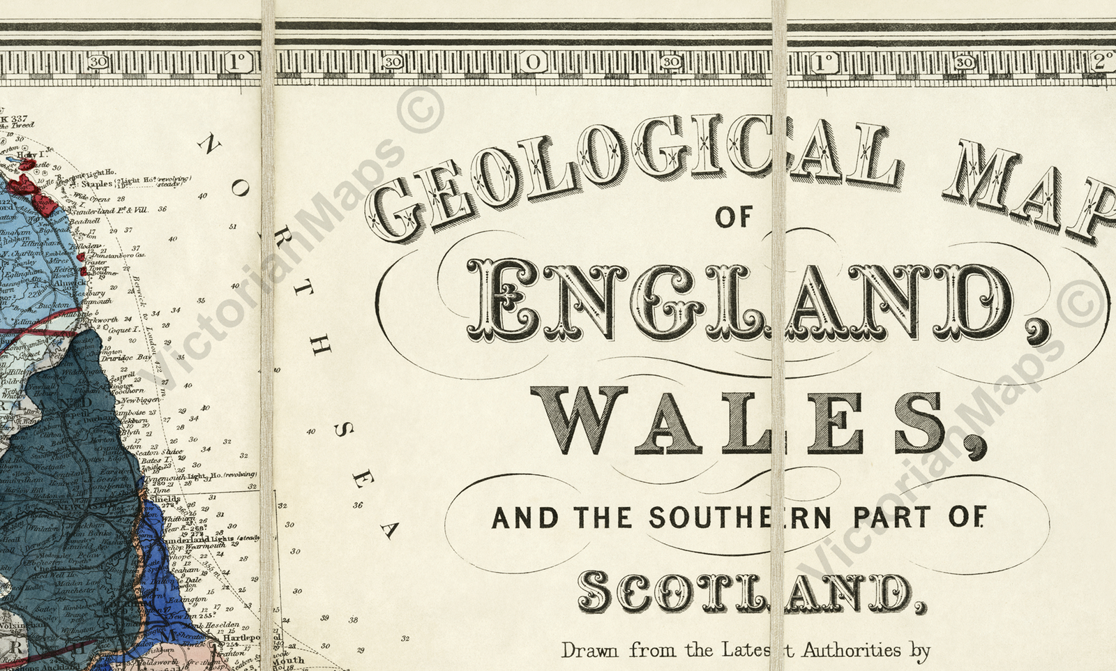antique Victorian geological map England Wales Ravenstein 1865 art ...