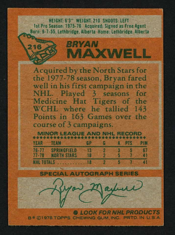 Bryan Maxwell Autographed 1978-79 Topps Rookie Card #216 North Stars ...