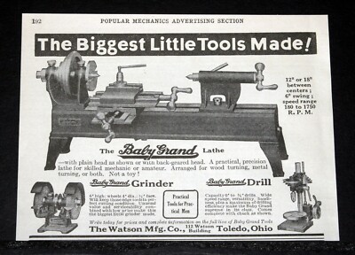 1926 OLD MAGAZINE PRINT AD, WATSON "BABY GRAND" LATHE, BENCH GRINDER ...