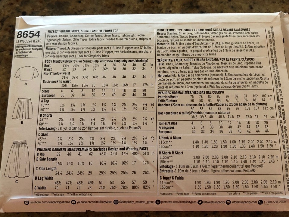 🌸SIMPLICITY #8654-LADIES 1940's VINTAGE TIE TOP-SHORTS & SKIRT PATTERN ...