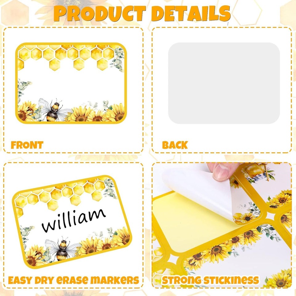 Whaline 180Pcs Sunflower Bee Name Tags Stickers Summer 8.6 x 6.3cm | eBay