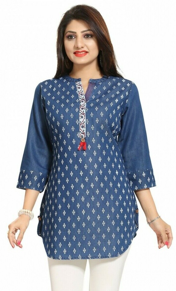 Denim Cotton Printed Designer Tunic Women Ethnic Kurti Tunic Shirt ...