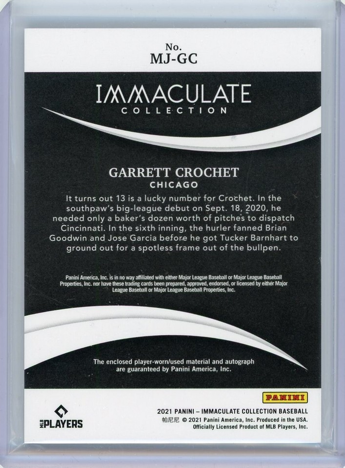 2021 Panini Immaculate Rookie Button Autograph #MJ-GC Garrett Crochet ...