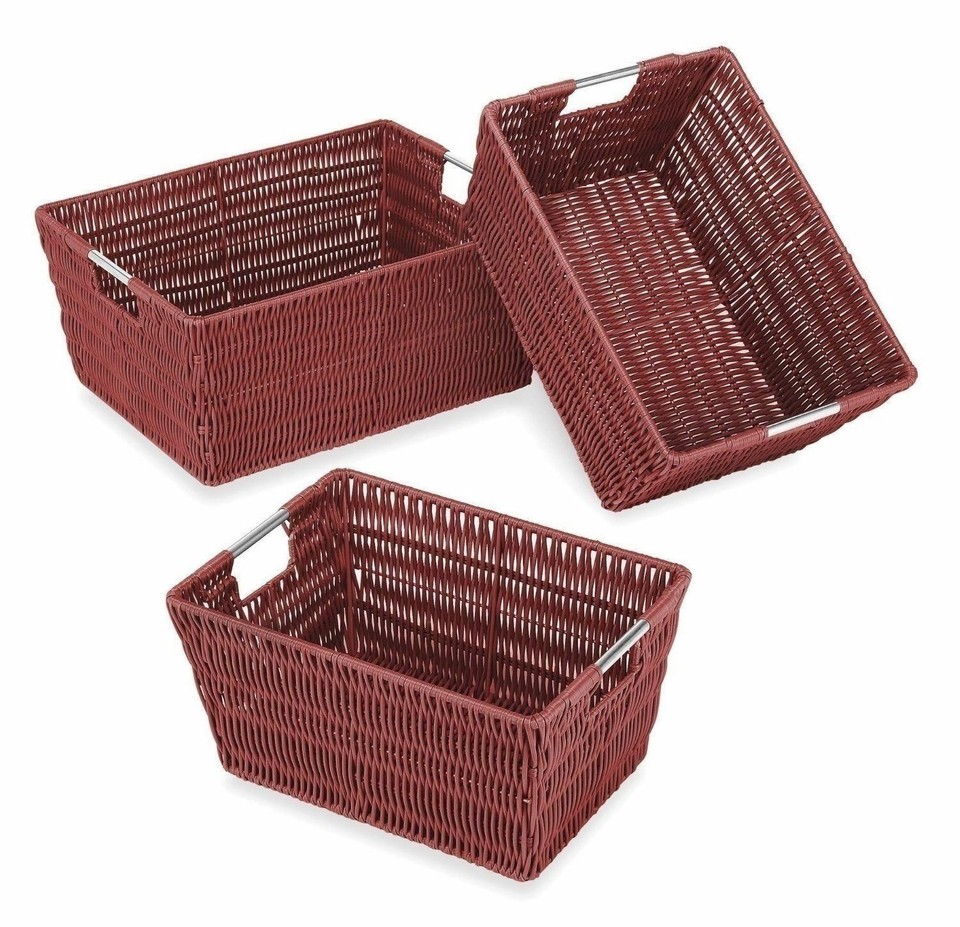 Set 3 Red Resin Storage Baskets Nesting Bins Home Organizer Utility ...