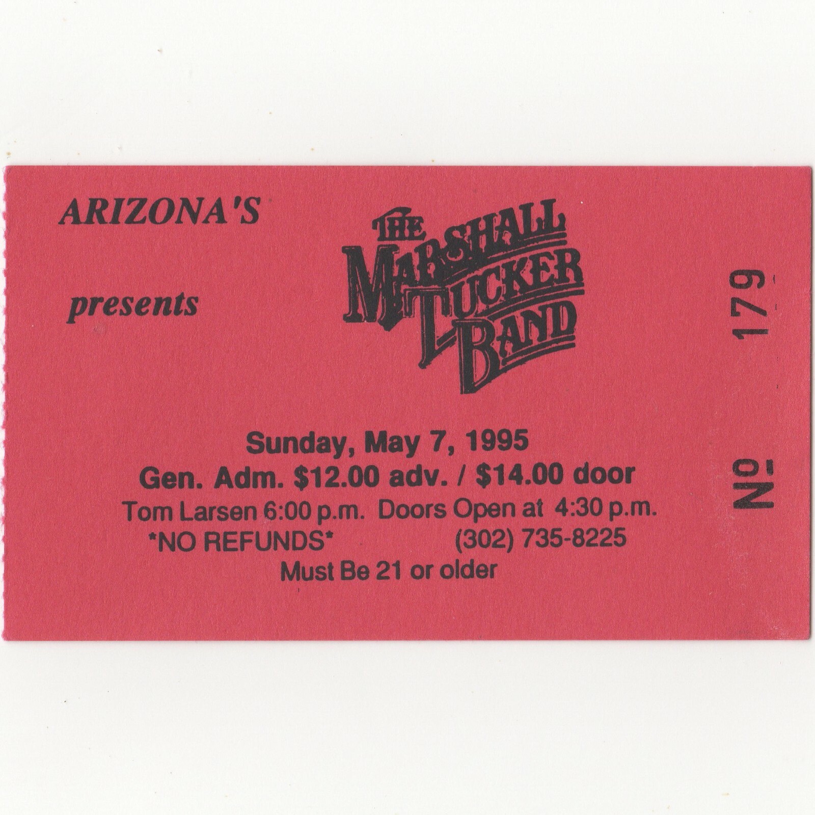 THE MARSHALL TUCKER BAND Concert Ticket Stub DOVER DE 5/7/95 ARIZONA'S ...