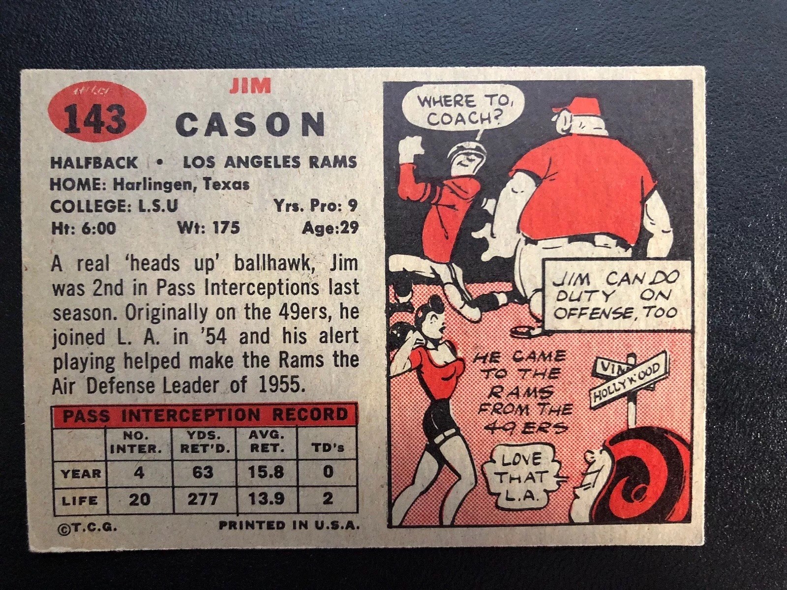 1957 Topps Football Card #143 Jim Cason Rookie Los Angeles Rams Vintage ...