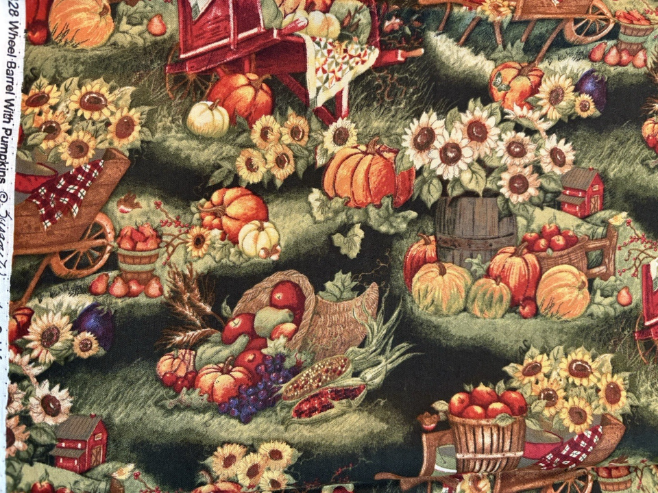 Susan Winget Fall Fabric Wheel barrow with Pumpkins 1 yd | eBay