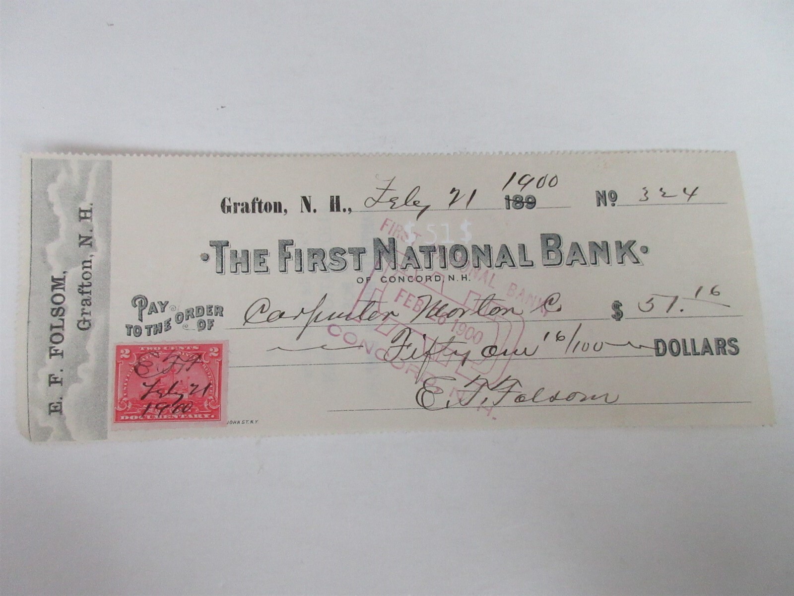 2c documentary stamp revenue 1900 check First National Bank Grafton NH ...