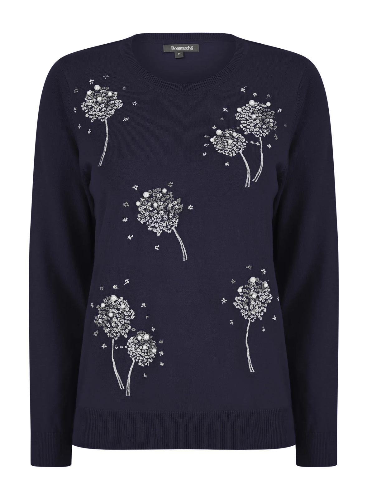 Ladies Bon Marche Pearl Embroidery Diamante Dandelion Jumper Blue Navy ...