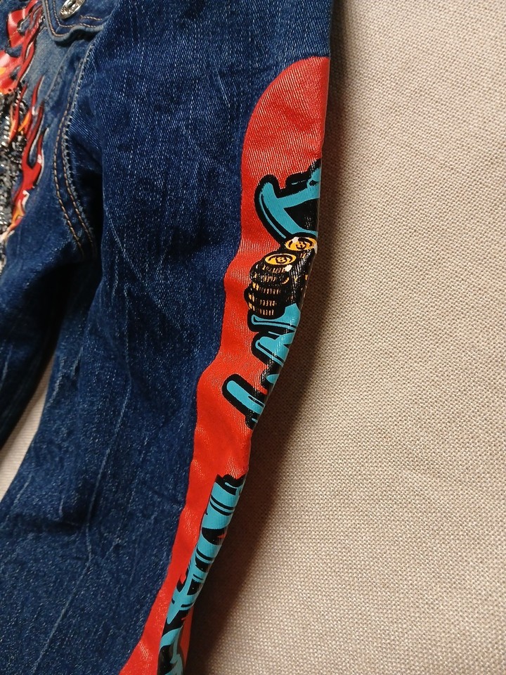 Vintage Motive Denim Graffiti Jacket Embroidered Rhinestone Skull Poker ...