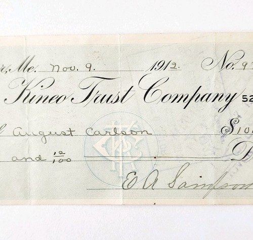 1912 Kineo Trust Company Bank Check E.A. Sampson Dover Maine Signed 974 ...