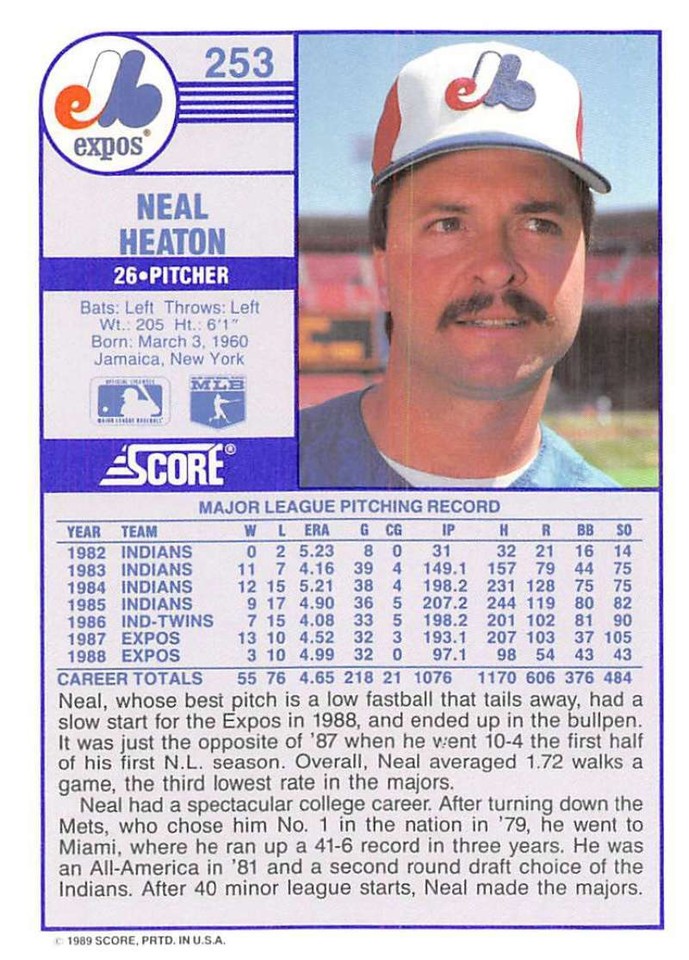 1989 Score #253 Neal Heaton NM-MT Expos | eBay
