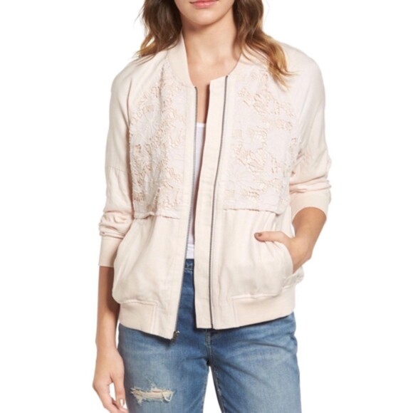 HINGE light pink floral lace full zip up lightweight bomber jacket w ...