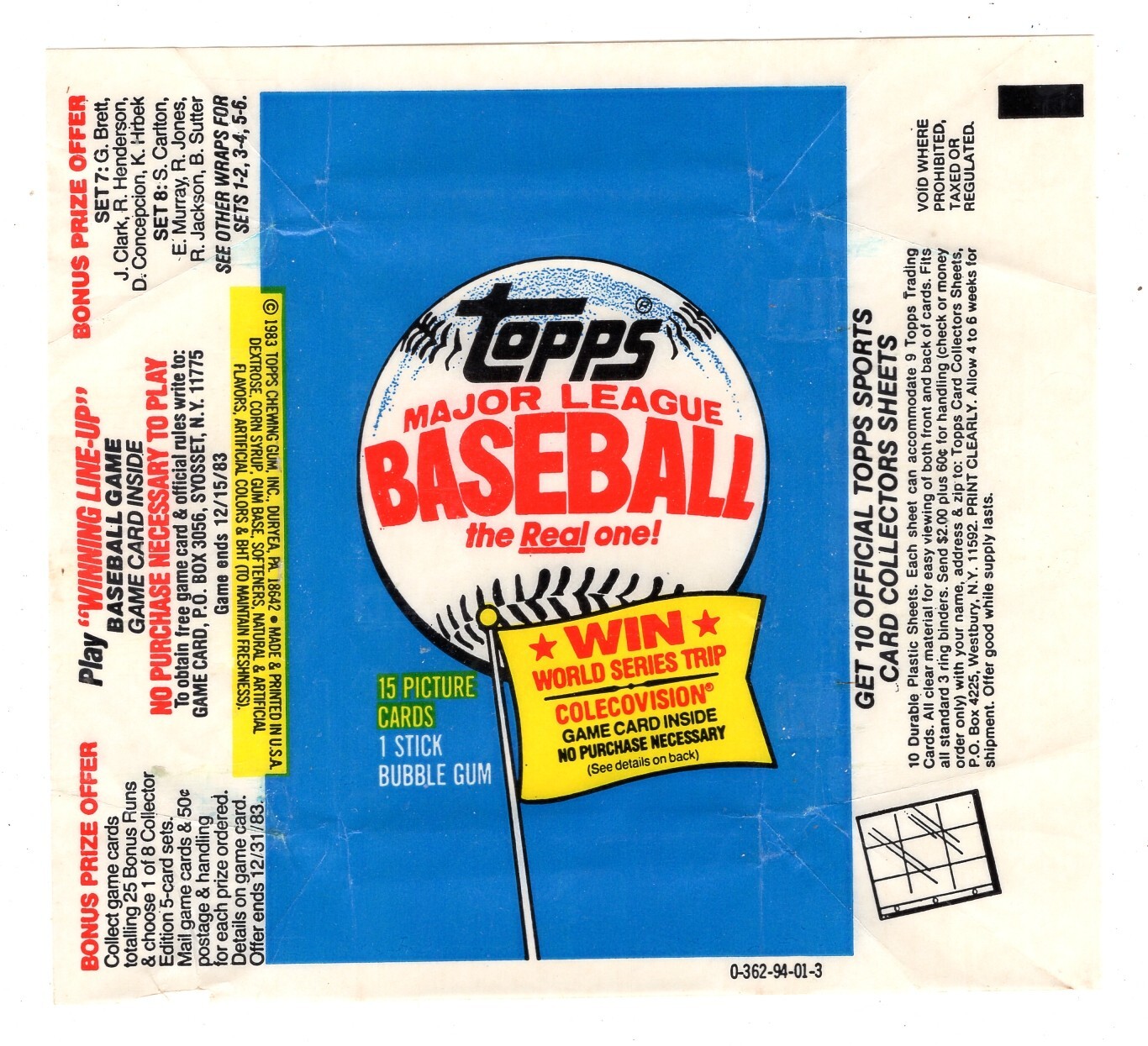 1983 TOPPS BASEBALL CARD WRAPPER - EMPTY - CARD SHEETS SET 7 - VAR FREE ...