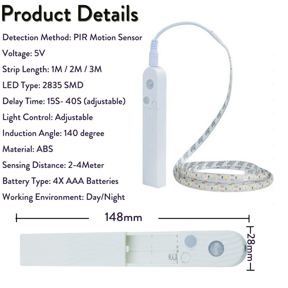 PIR Motion Sensor LED Strip Light 1M 2M 3M Battery Powered Activated ...