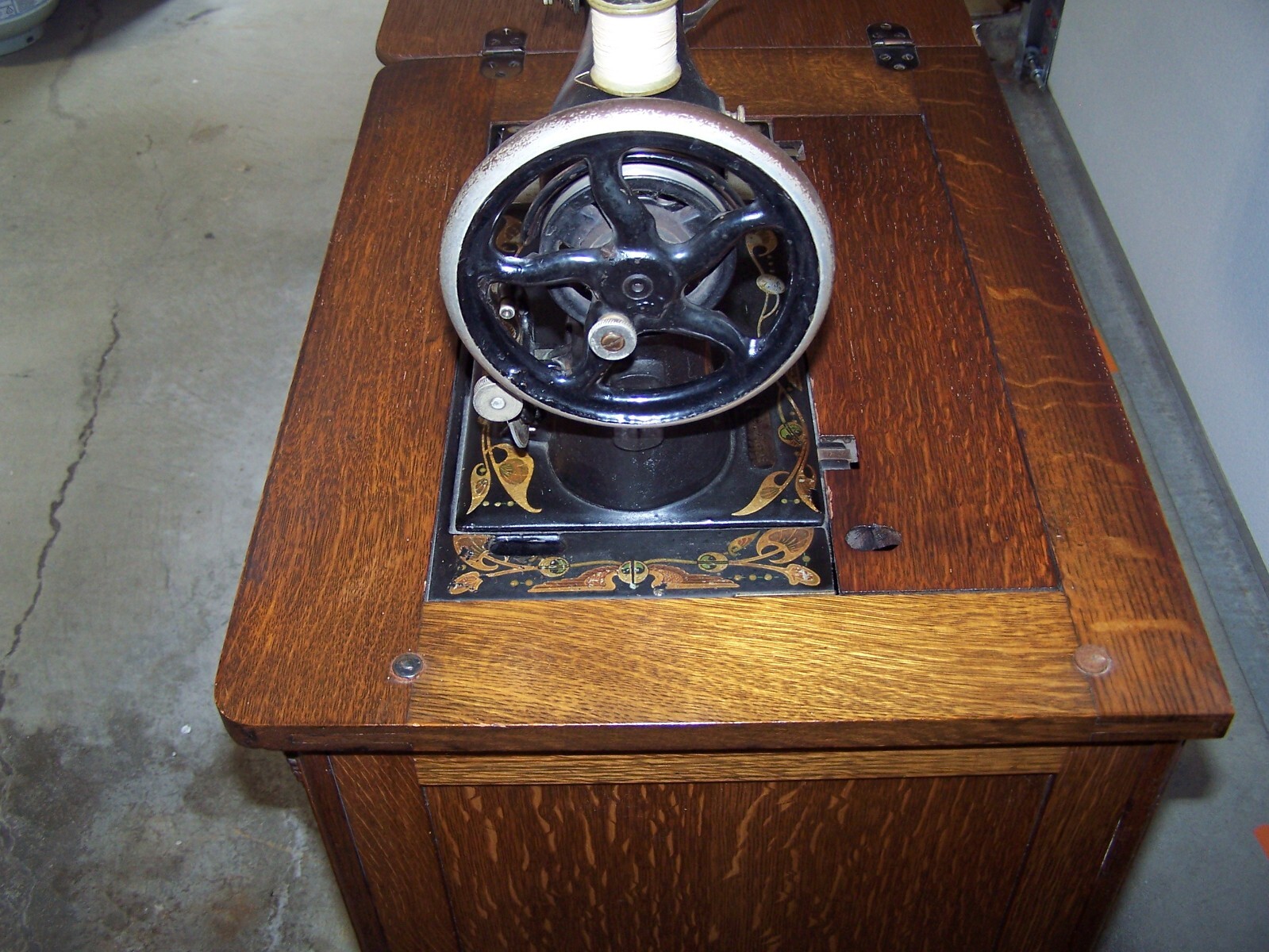 Antique "The Free" Treadle Sewing Machine in a Tiger Oak Parlor Cabinet ...