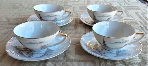 SET OF 4 JAPANESE KUTANI ORCHIO PORCELAIN CUPS AND SAUCERS c1930s ...