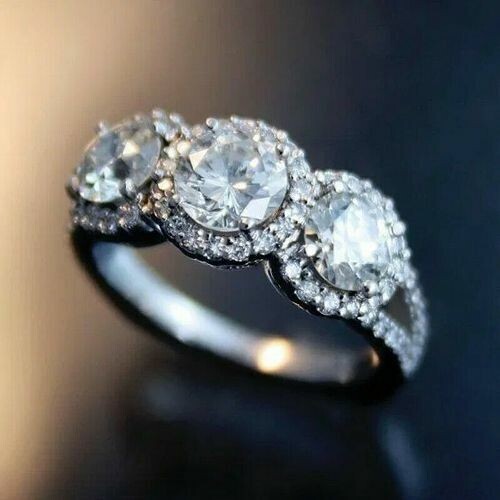 1.20 CT Round Lab-Created Diamond 3-Stone Halo Engagement Ring 14K ...