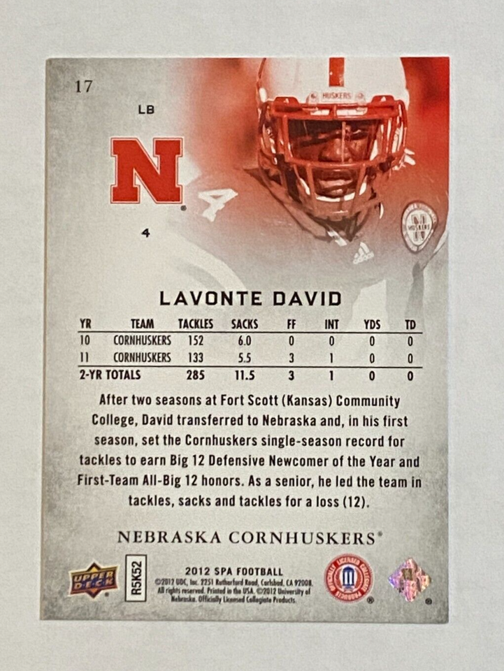 2012 Upper Deck SP Authentic Rookie #17 Lavonte David Nebraska ...
